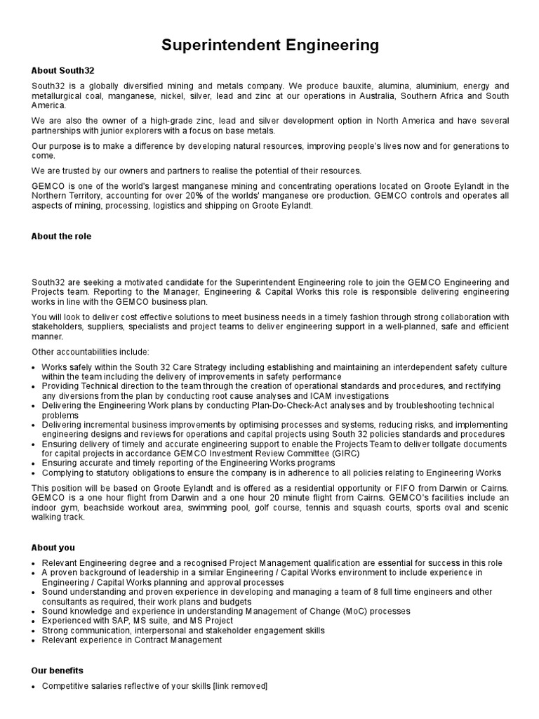 Superintendent Engineering - South32 | PDF | Mining | Engineering