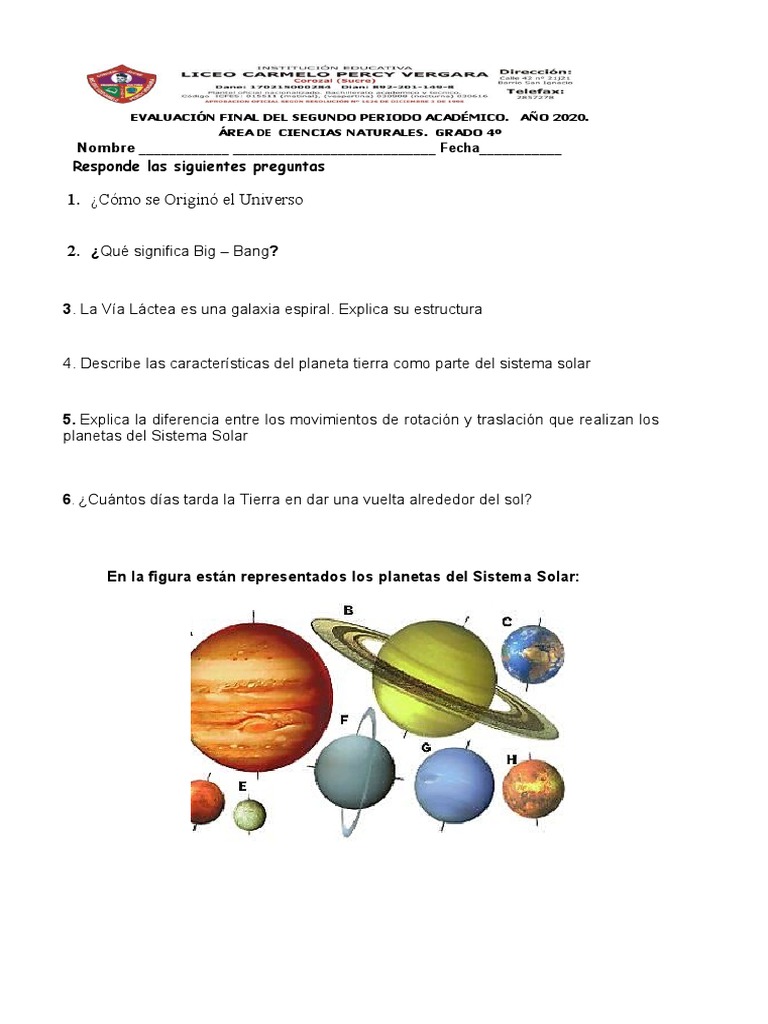 Prueba Del Sistema Solar 6to Grado Clase Modelo; EL SISTEMA SOLAR