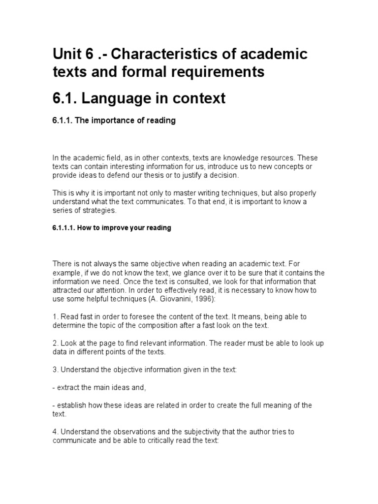 Unit 6 .-Characteristics of Academic Texts and Formal Requirements 6.1 ...