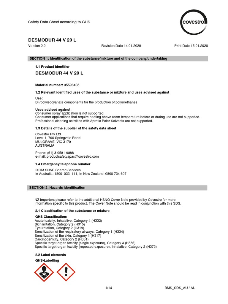 Desmodur 44 V 20 L: Safety Data Sheet According To GHS | PDF ...