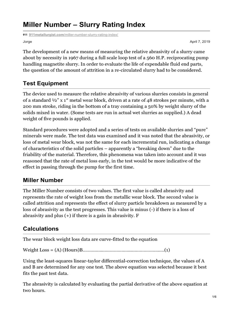 Miller Number Slurry Rating Index | PDF | Wear | Materials