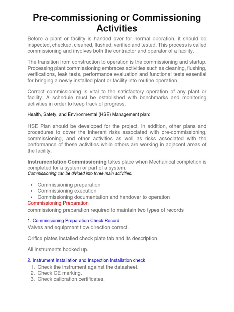 Pre Commisioning Steps | PDF | Leak | Instrumentation