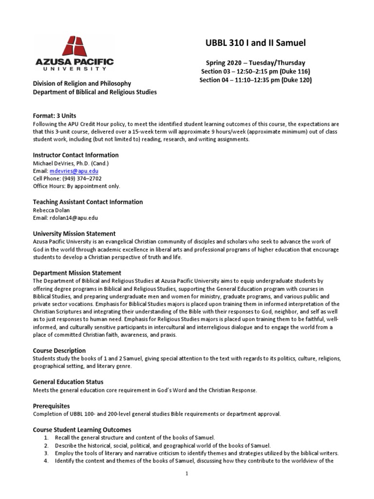 UBBL 310 I and II Samuel: Spring 2020 - Tuesday/Thursday | PDF | Books ...