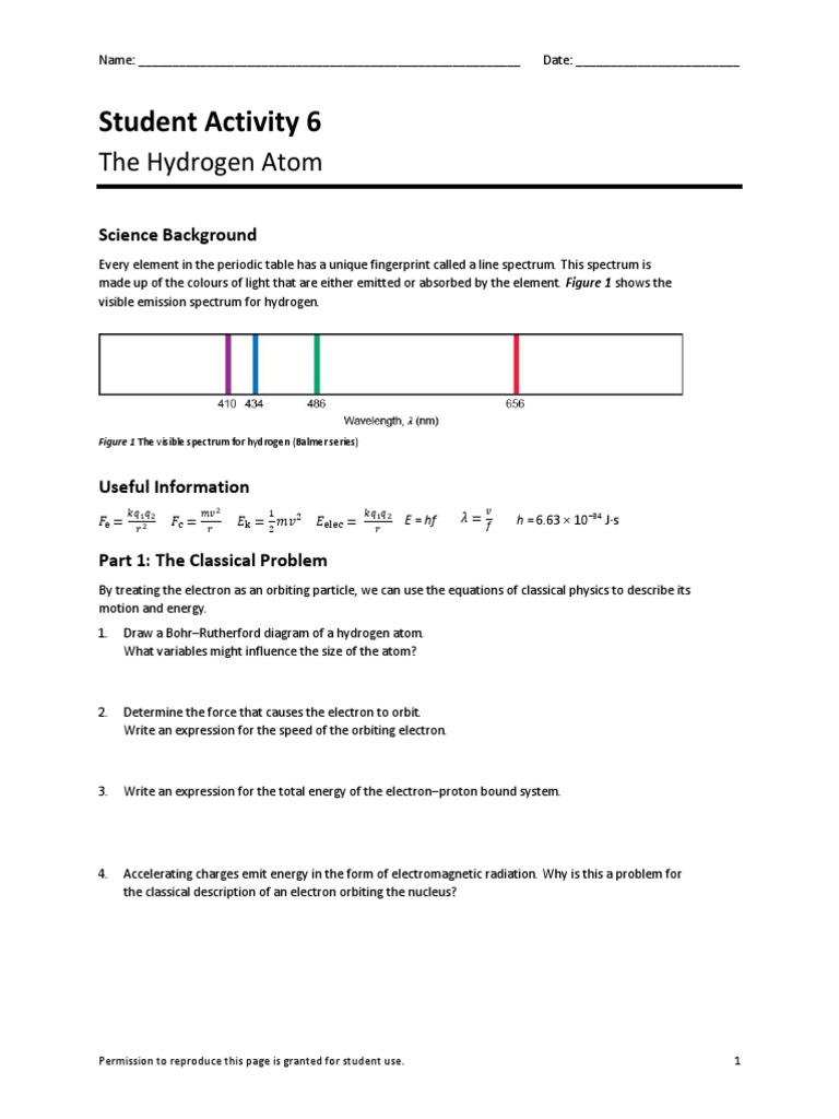Student Activity 6: The Hydrogen Atom | PDF | Electron | Atoms