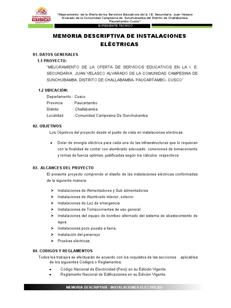 Memoria Descriptiva Instalaciones Electricas Corregido | Descargar gratis PDF | Electrónica ...