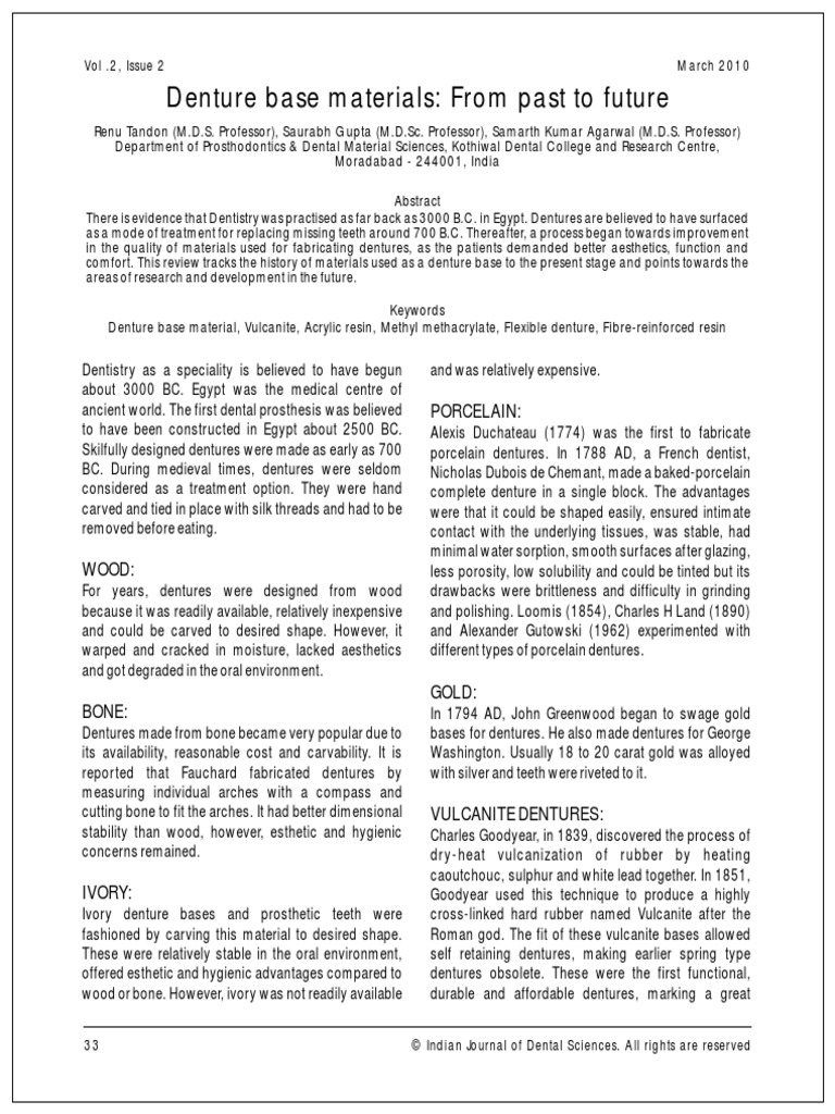 Denture Base Materials From Past To Futu PDF | PDF | Poly(Methyl Methacrylate) | Dentures