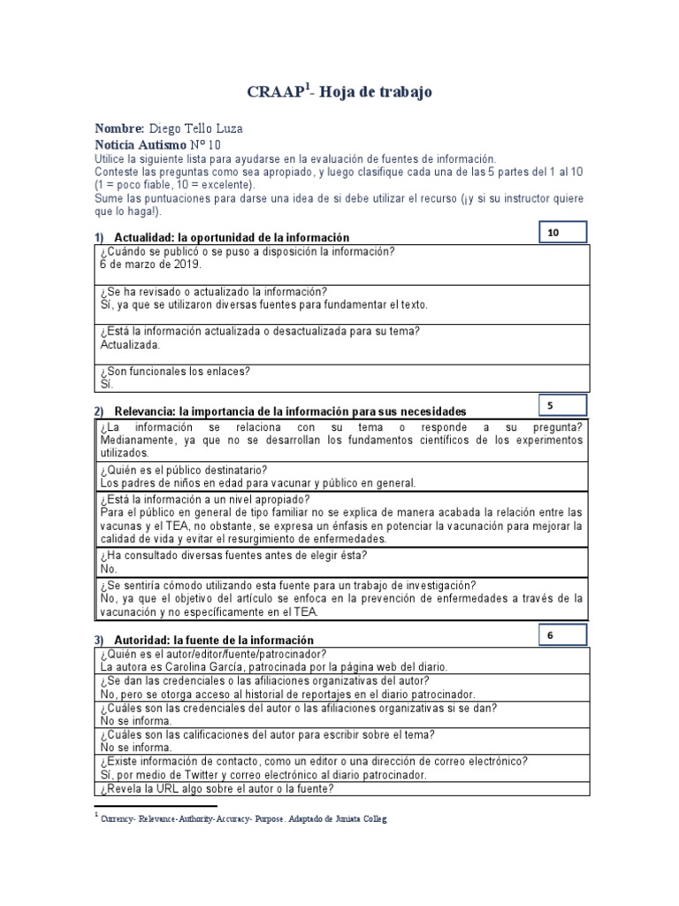 The CRAAP Test Worksheet, Diego Tello | PDF | Manual Diagnóstico y ...