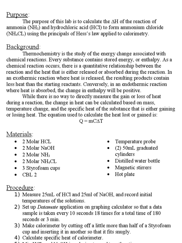 AP Chemistry - Hess's Law Lab | PDF | Branches Of Thermodynamics ...