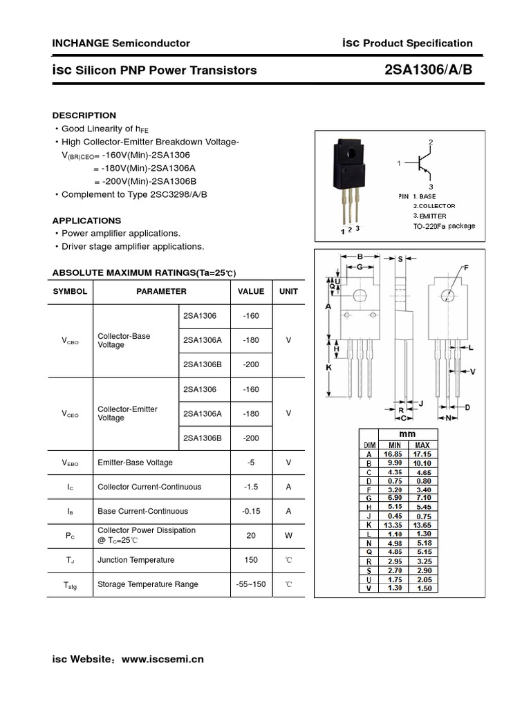 2SA1306 - Silicon PNP Power Transistor | PDF | Bipolar Junction ...