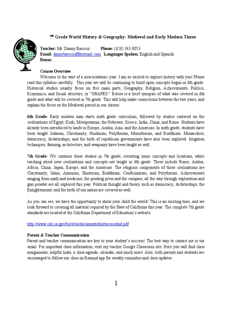 7th Grade World History Overview | PDF | Classroom | Teachers