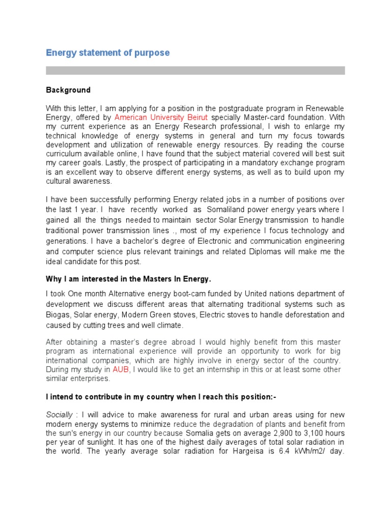 Energy Statement of Purpose: Background | PDF | Renewable Energy ...