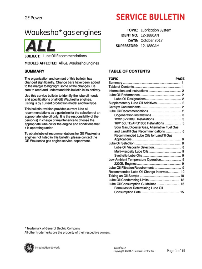 GE Waukesha Lube Oil Recommendation Oct 2017 PDF | PDF | Lubricant ...