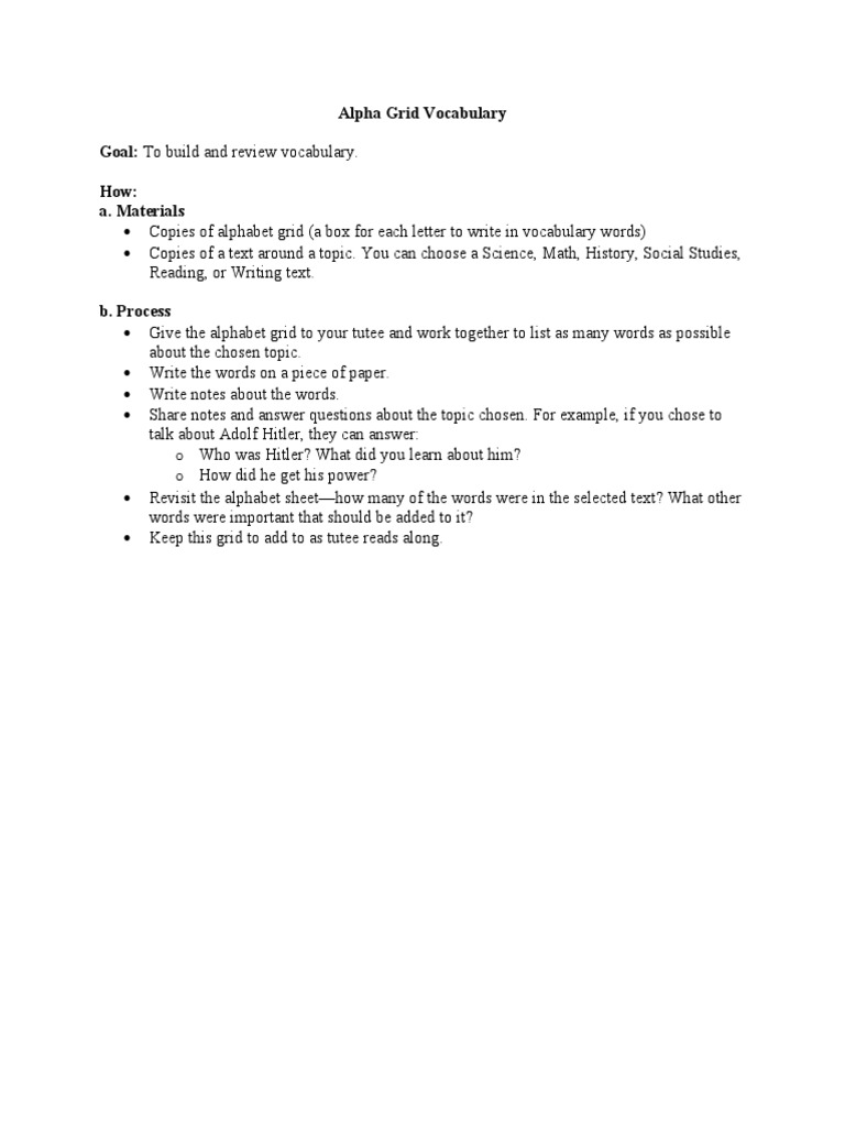 Alpha Grid Vocabulary (Adapted) | PDF