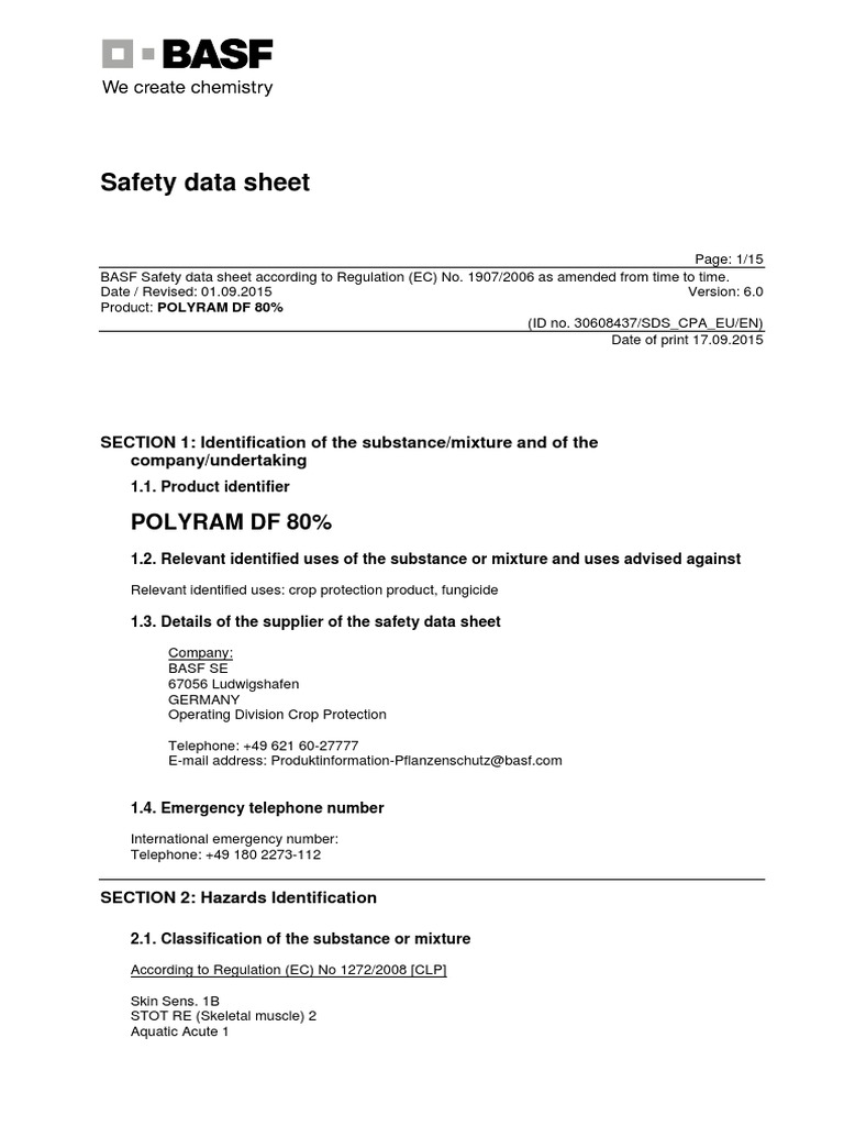 Polyram® DF 80 Safety Data Sheet PDF | PDF | Dangerous Goods | Toxicity