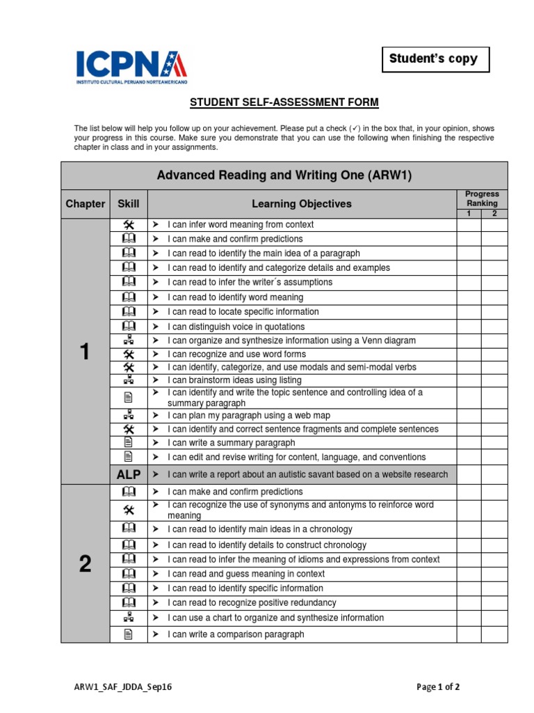 Student's Copy: Student Self-Assessment Form | PDF