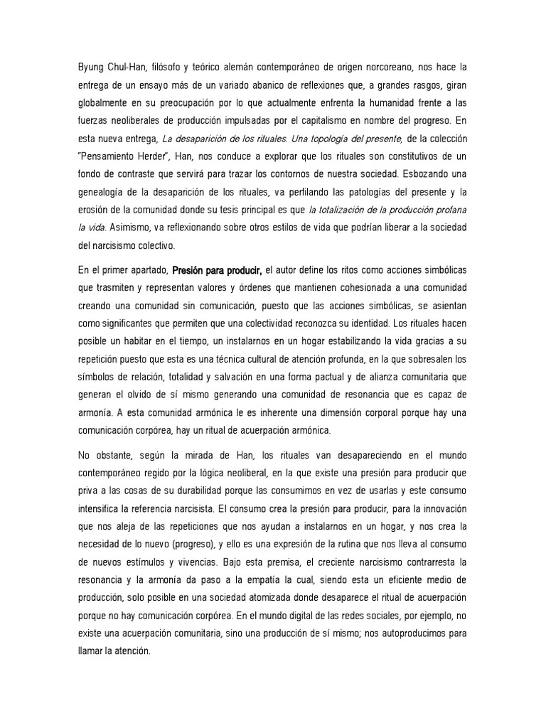 Reseña La Desaparición de Los Rituales | PDF | Rituales | Sociedad