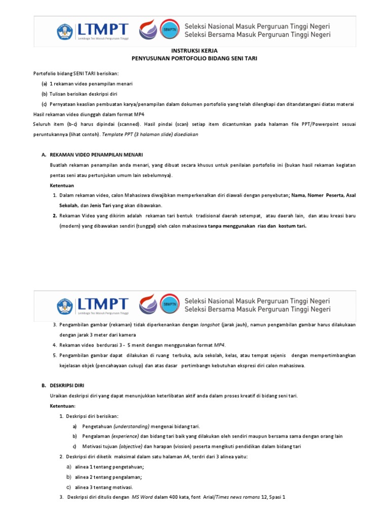 Instruksi Kerja Penyusunan Portofolio 2020 - Seni Tari PDF | PDF | Teknologi & Rekayasa