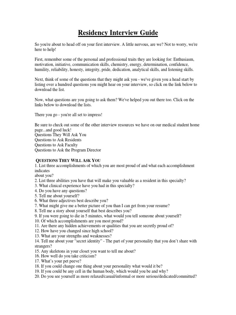 Residency Interview Guide PDF | PDF | Residency (Medicine) | Specialty ...