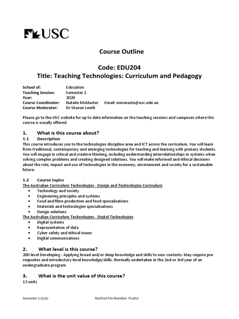 EDU204 Course Outline: Teaching Tech | PDF | Curriculum | Educational ...