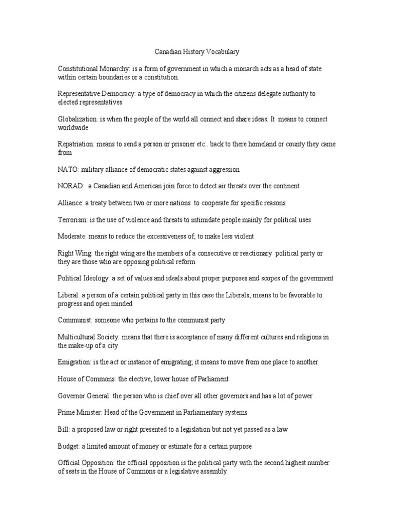 Canadian History Vocabulary | PDF | Canada | Democracy