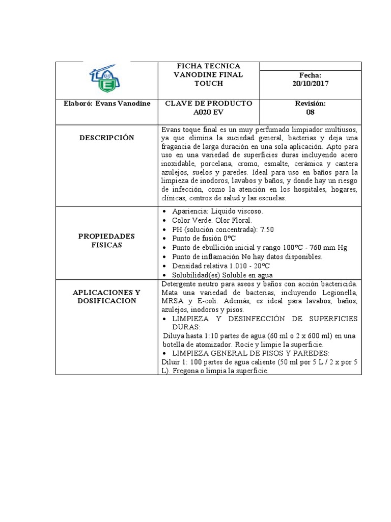 Ficha Tecnica de Desinfectante | PDF | Agua | Residuos
