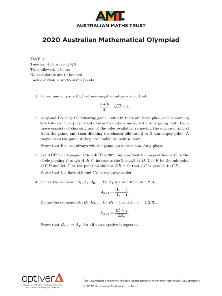 AMO 2020 Paper and Solutions | PDF | Triangle | Perpendicular