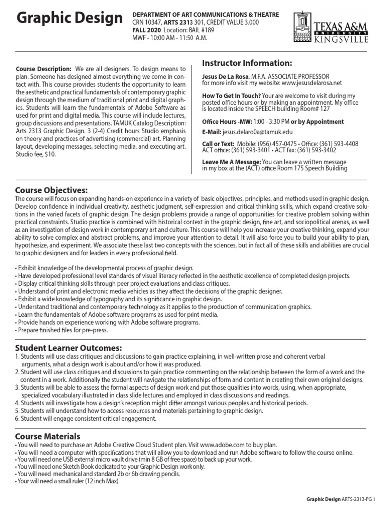 2313 Graphic Design TAMUK FALL 2020 Syllabus PDF | PDF | Graphic Design ...