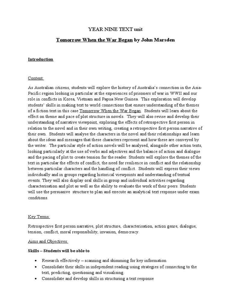 Tomorrow When The War Began by John Marsden: Year Nine Text Unit | PDF ...