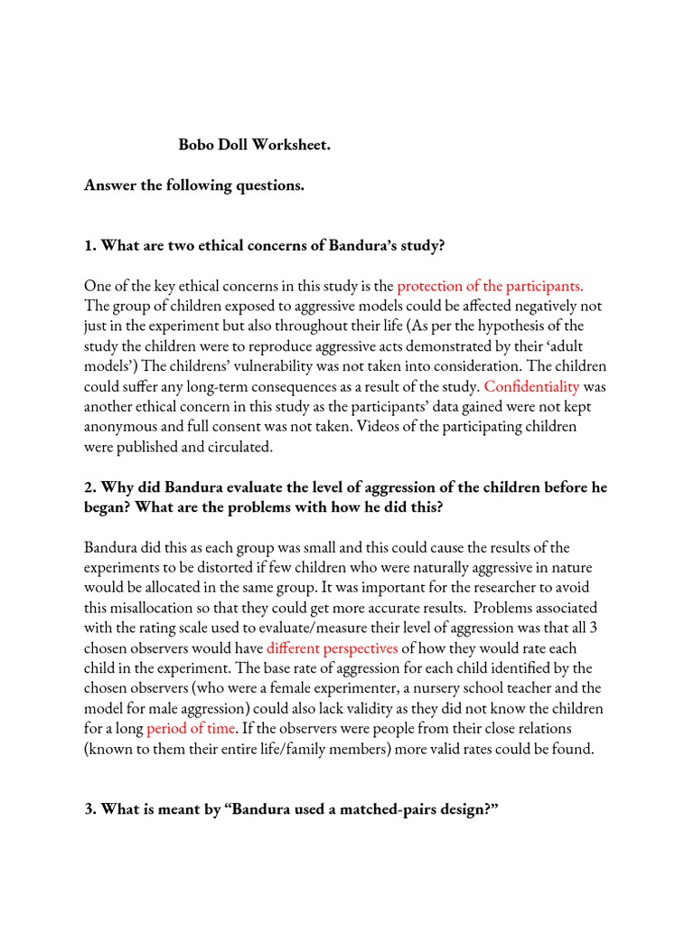 Bobo Doll Worksheet 2 | PDF | Aggression | Experiment