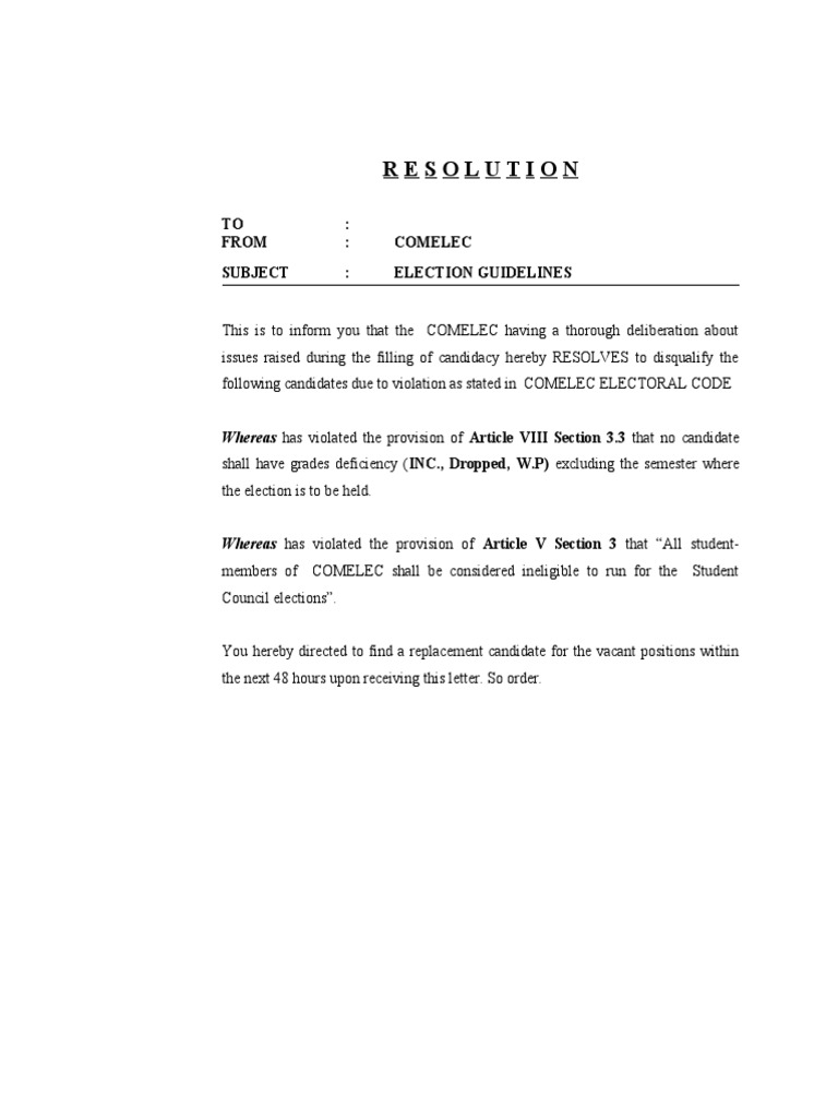 Resolution: TO: From: Comelec Subject: Election Guidelines | PDF