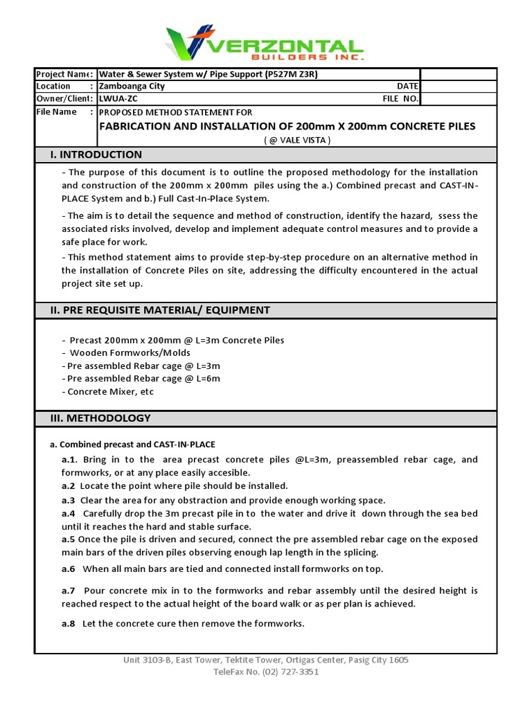 Fabrication and Installation of 200Mm X 200Mm Concrete Piles | PDF ...