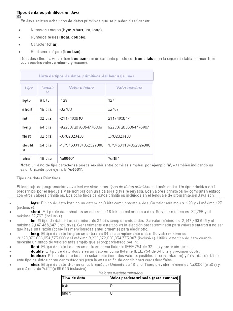 Tipos Primitivos en Java: Guía Completa | PDF | Tipo de datos | Poco