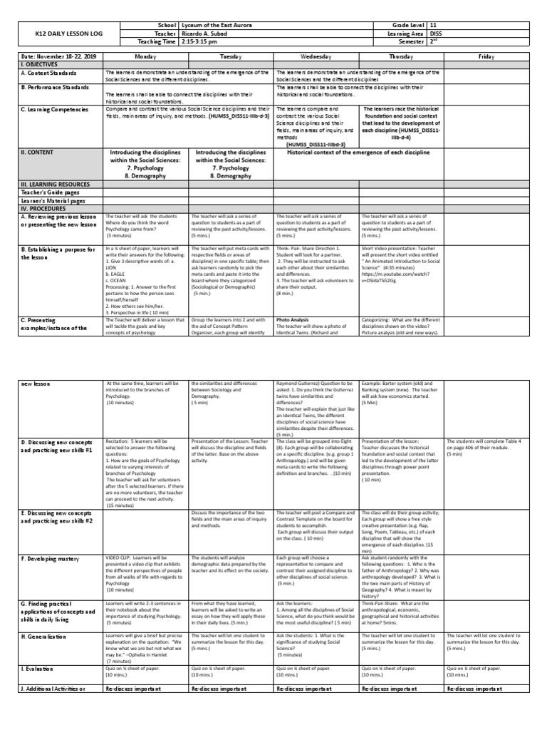 Grade 11 DISS Lesson Plan Overview | PDF | Social Science | Teachers