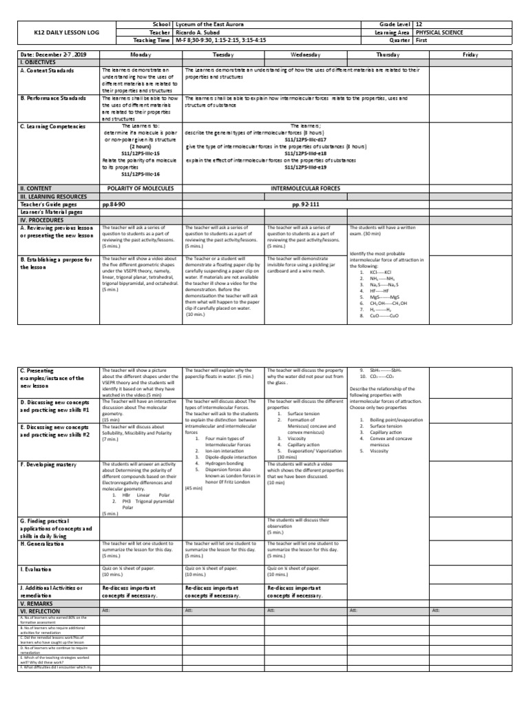 Grade 12 Physical Science Lesson Plan | PDF | Intermolecular Force ...