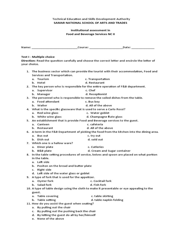 Institutional Assessment in Food and Beverage Services | PDF ...