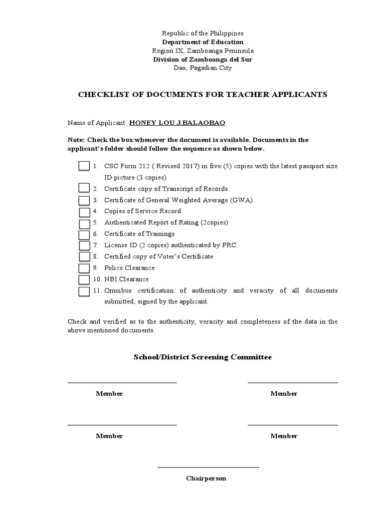 Checklist of Documents For Teacher Applicants | PDF | Career & Growth | Business