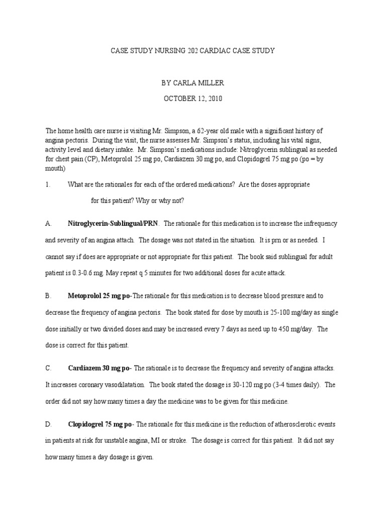 Case Study Nursing 202 Cardiac Case Study | PDF | Myocardial Infarction | Heart