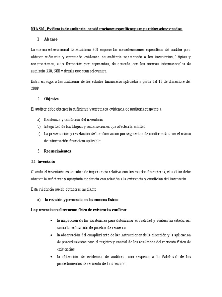 NIA 501: Evidencia de Auditoría Específica | PDF | Contralor | Auditoría