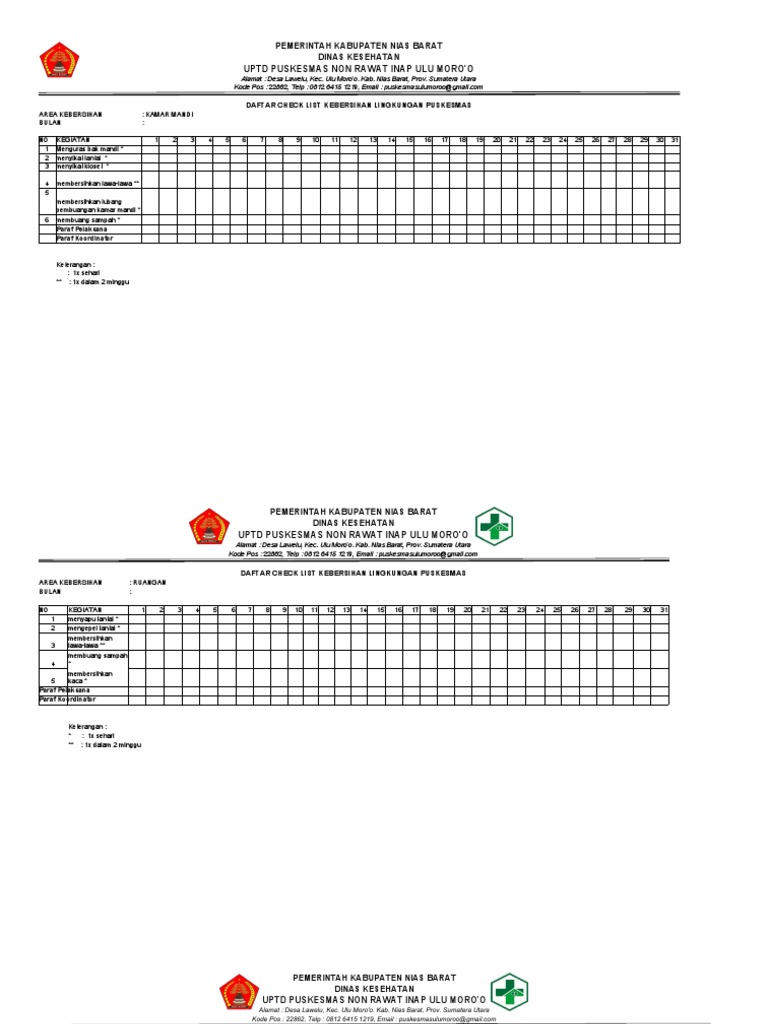 Lembar Checklist Kebersihan Puskesmas | PDF