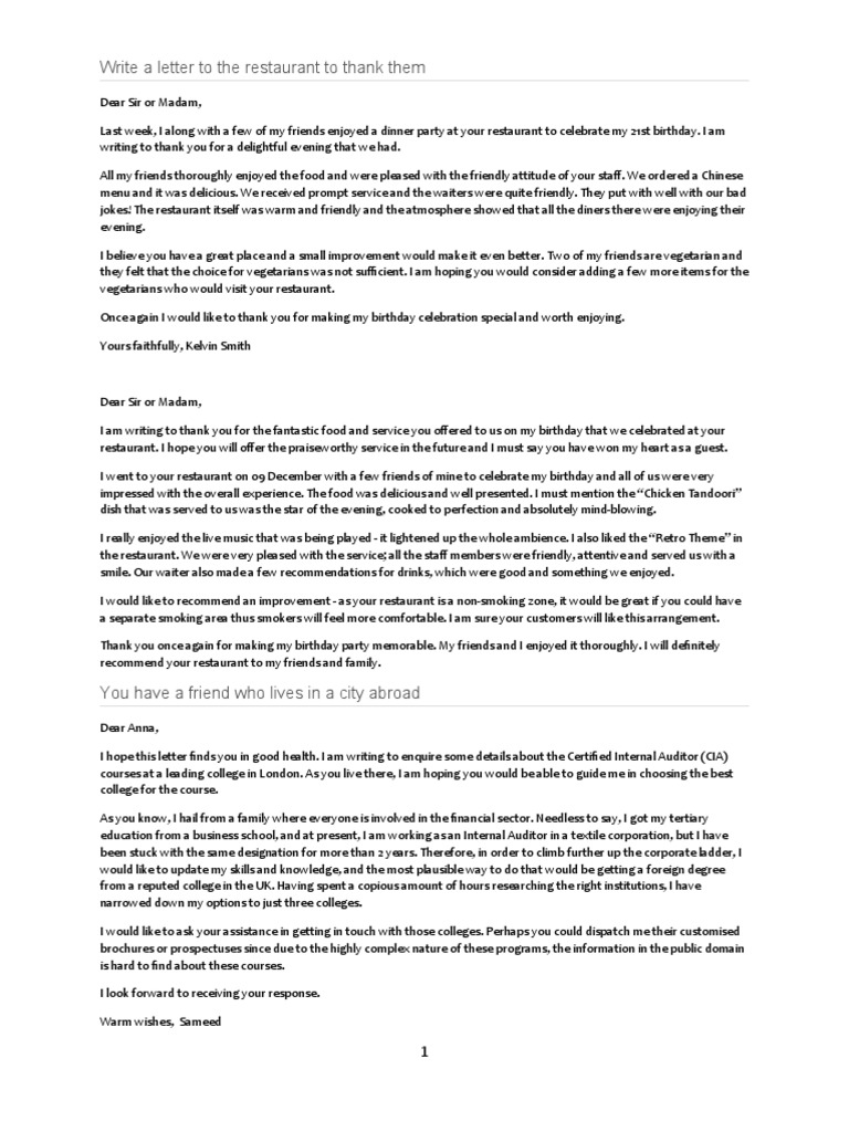 Write A Letter To The Restaurant To Thank Them | Download Free PDF ...