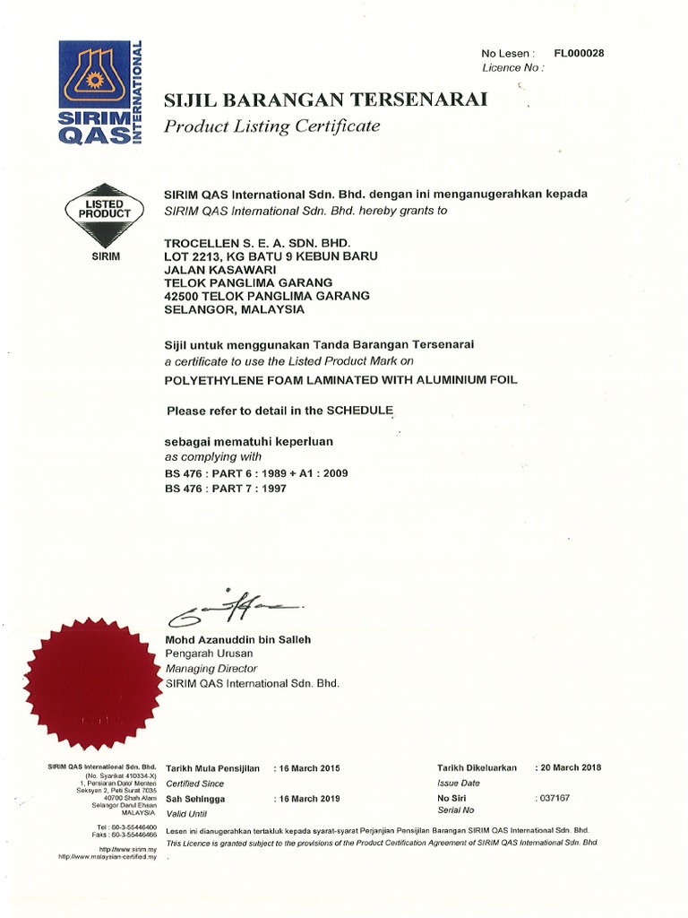 Trocellen Sirim Certificate | PDF