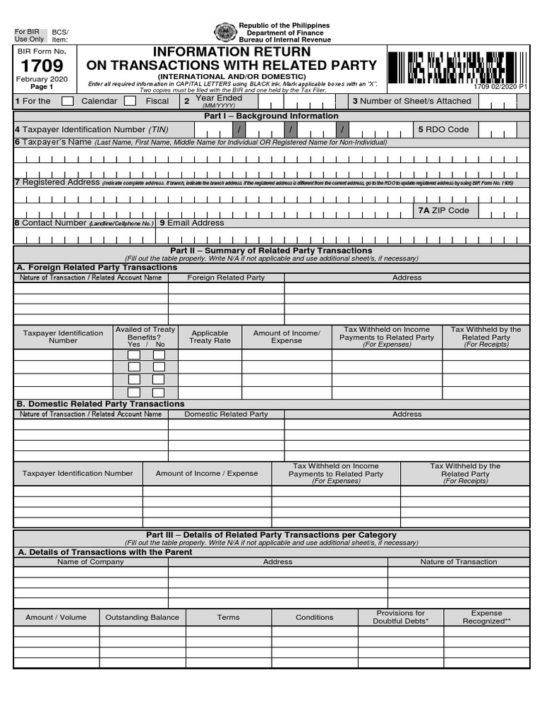 BIR Form No. 1709 Final PDF | PDF | Taxpayer | Withholding Tax