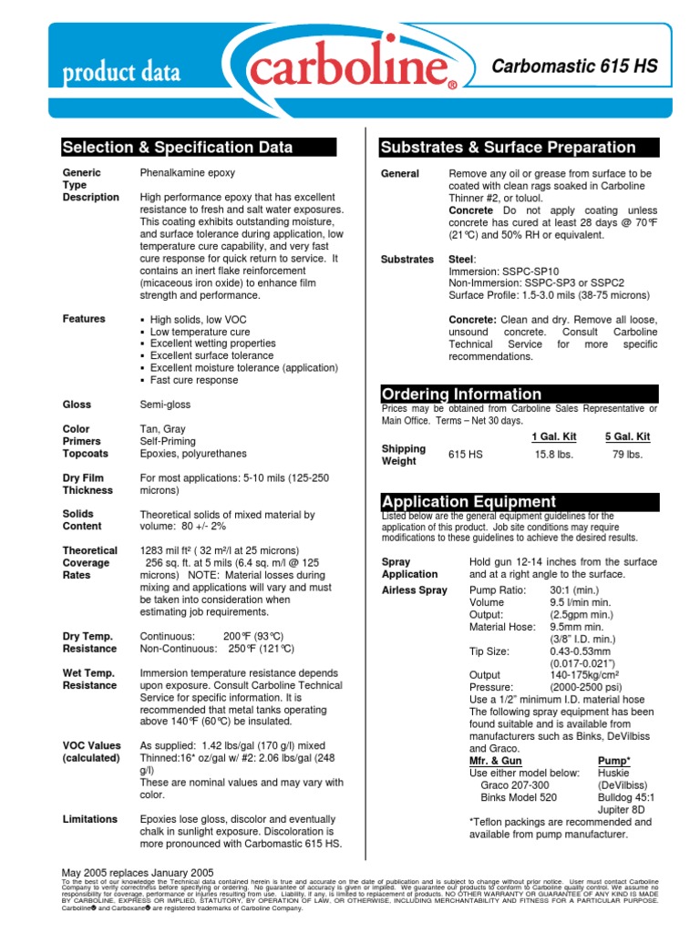 Carbomastic 615 HS PDS 5-05 | PDF | Epoxy | Shelf Life
