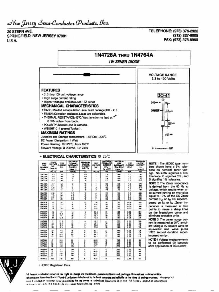 Specifications Sheet for 1N4728A Through 1N4764A Zener Diodes: Voltage ...