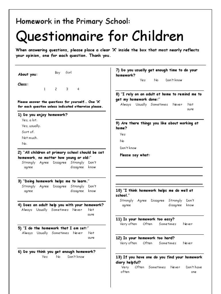 Primary School Childrens Homework Questionnaire | PDF