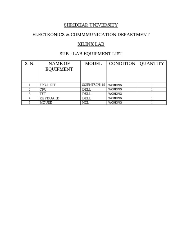 Shridhar University Electronics And Commmunication Department Xilinx Lab Sub Lab Equipment List
