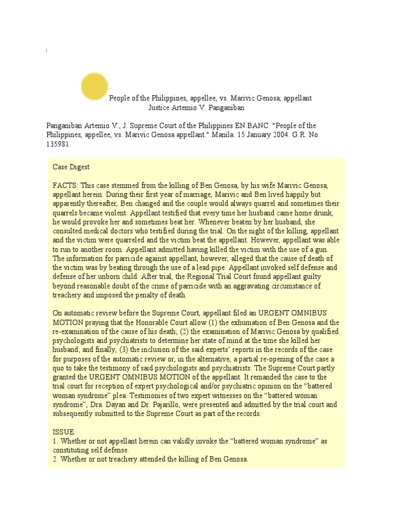 People of The Philippines v. Genosa | PDF | Rape | Domestic Violence