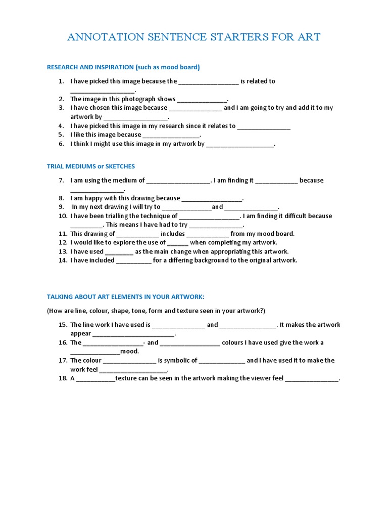 Annotation Sentence Starters For Art | PDF | Art | Self-Improvement