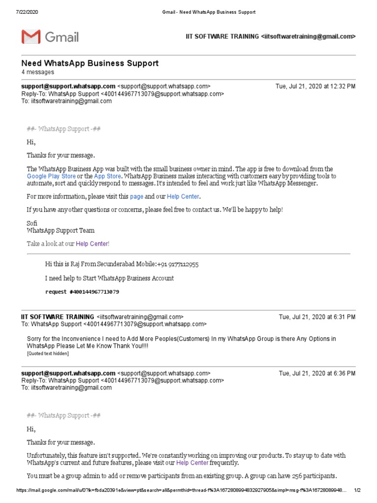 Gmail - Need WhatsApp Business Support PDF | PDF | Gmail | Mobile Software