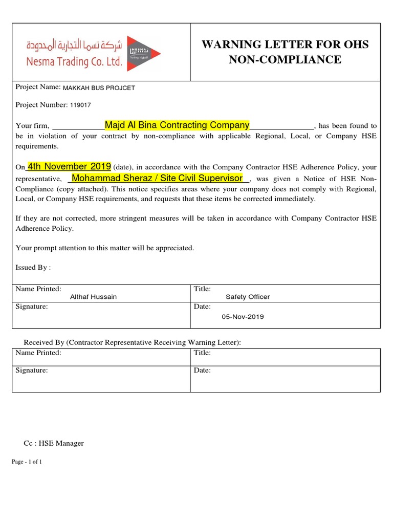 2warning Letter For HSE Non Compliance | PDF